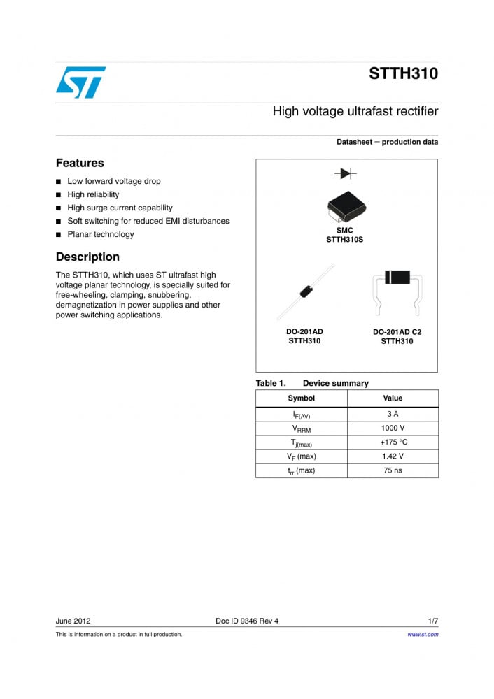 STTH310S datasheet page 1