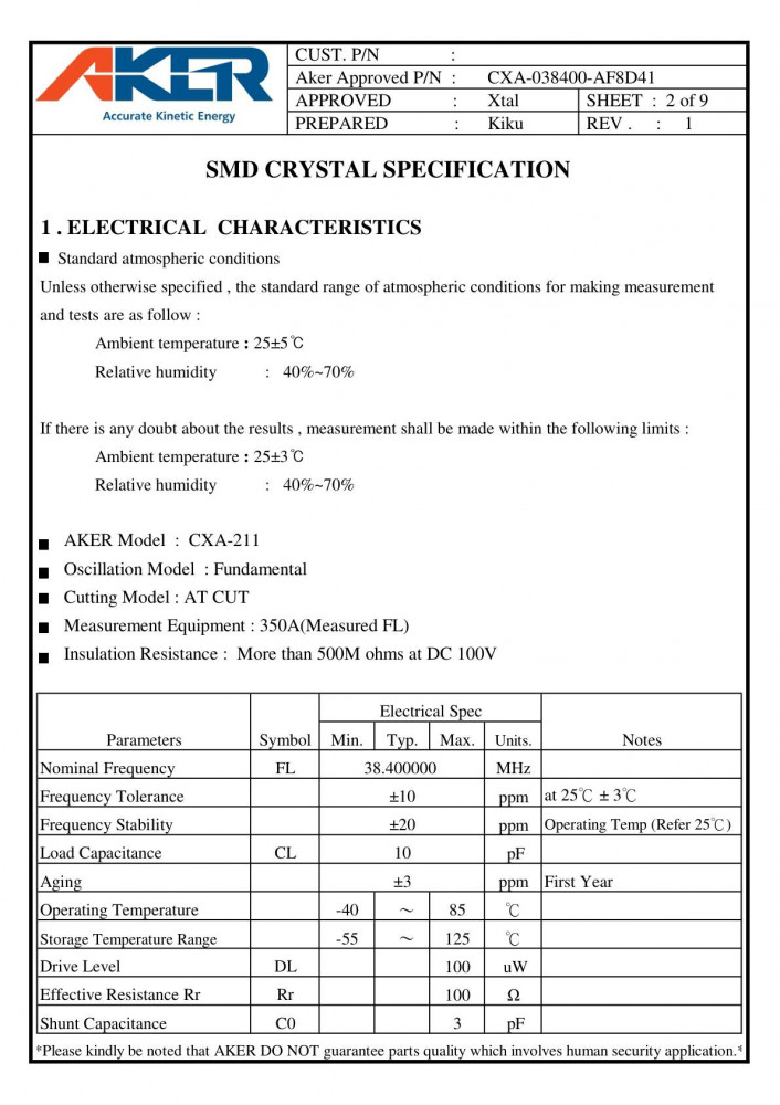 AKER CXA-038400-AF8D41 electrical specification