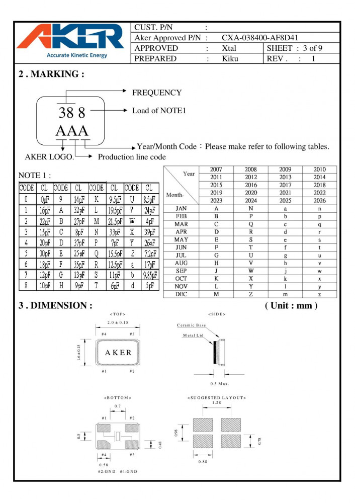 AKER CXA-038400-AF8D41 marking and dimensions