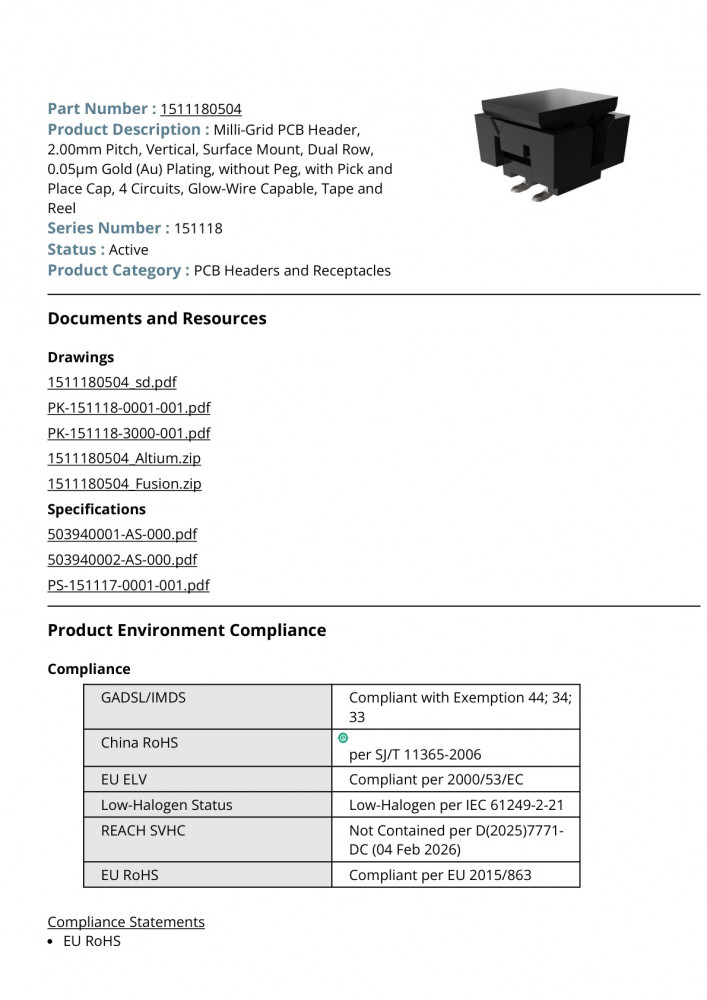 MOLEX 151118 series product specification page 1