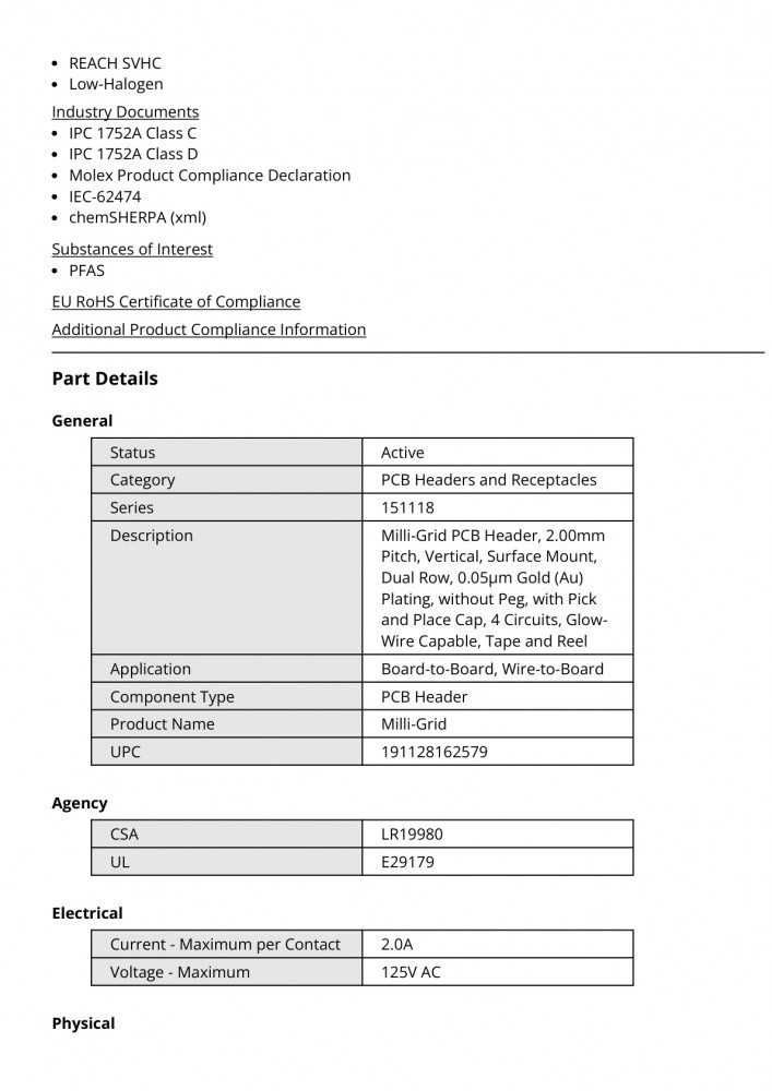 MOLEX 151118 series product specification page 2