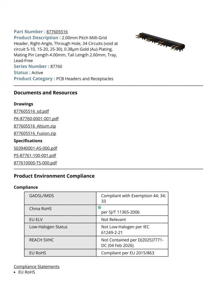 Technical document page 1 for MOLEX 877605516