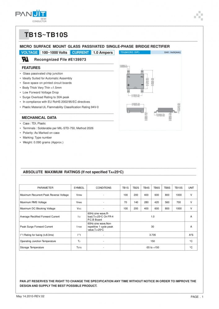 PANJIT TB10S series datasheet page 1