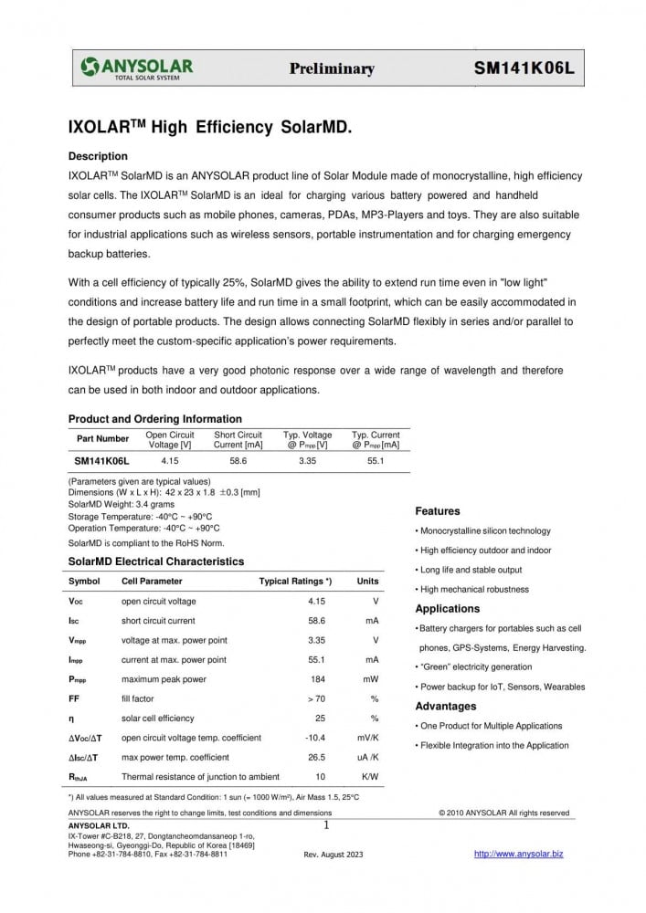ANYSOLAR SM141K06L datasheet page 1