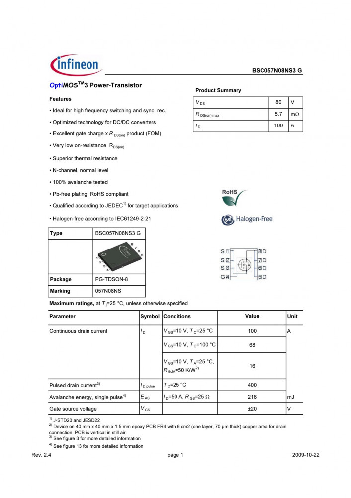 BSC057N08NS3G datasheet page 1