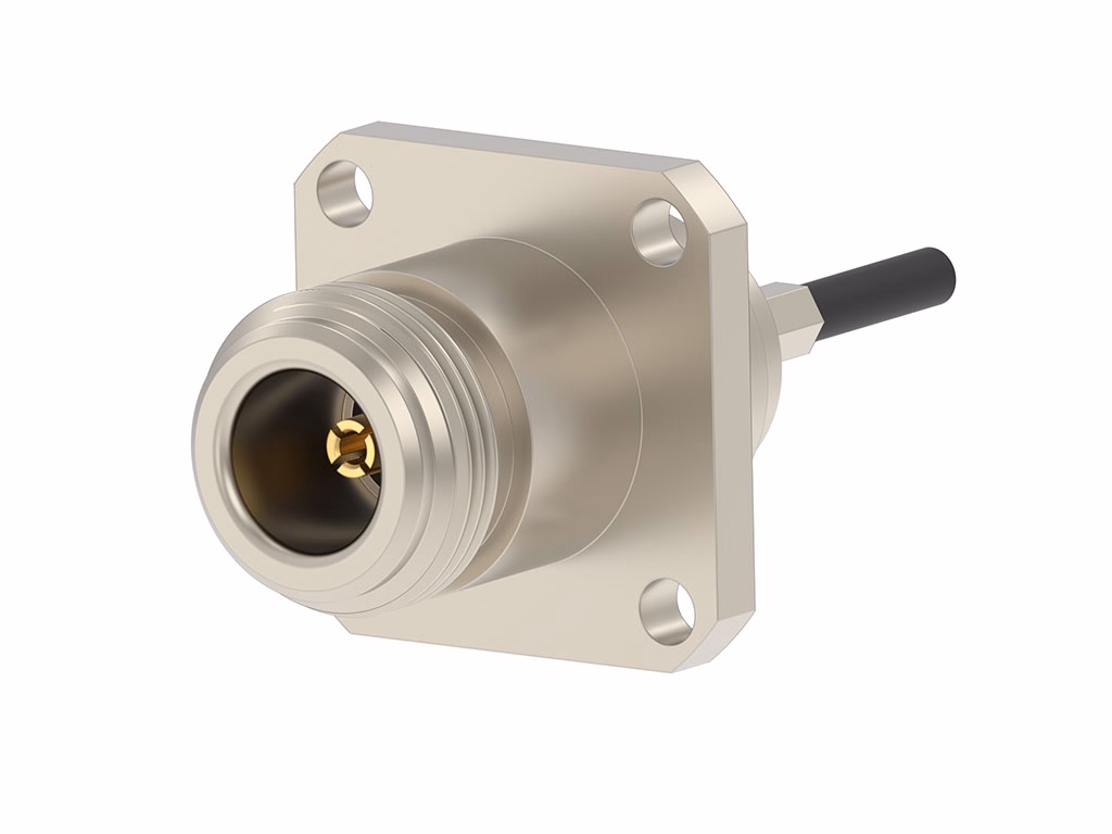 N Jack, Straight, 4-Hole Flange Mount, Crimp, RG-174, RG-188 and RG-316 Cable, Brass Body, Nickel (Ni) Plated, IP68, Tray, 50 Ohms for sale