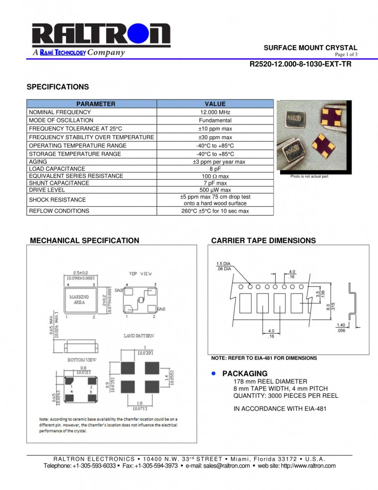 Raltron R2520 crystal datasheet page 1