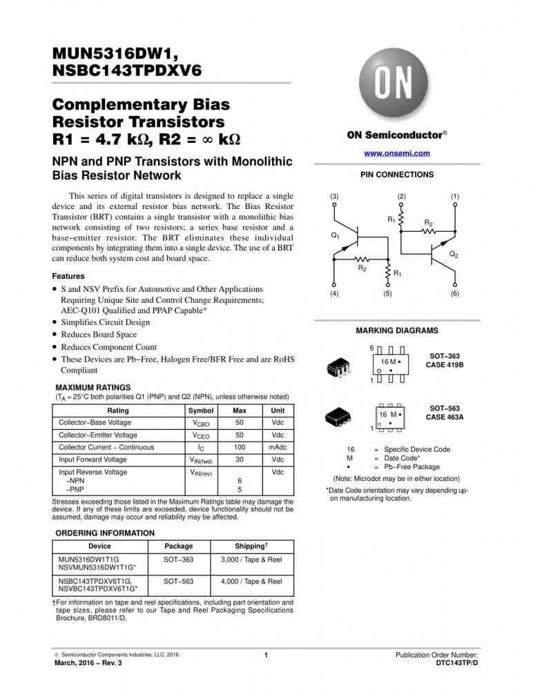 NSBC143TPDXV6T1G datasheet page 1