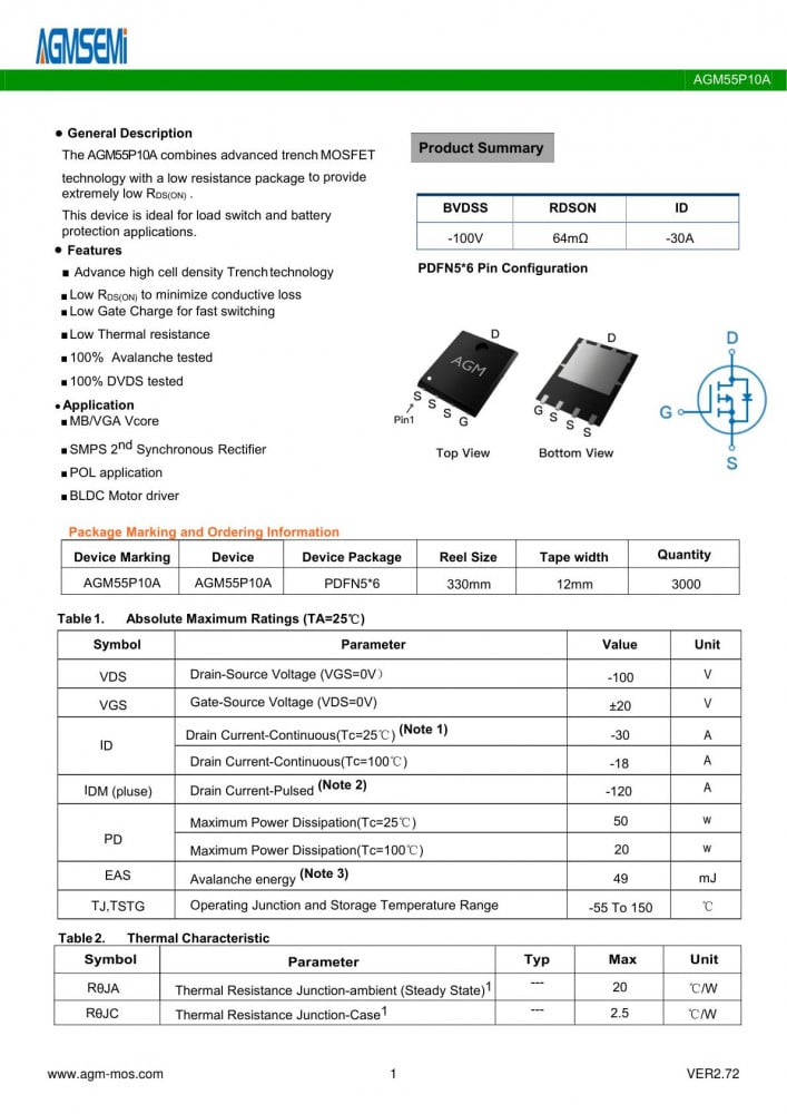 AGM55P10A datasheet page 1