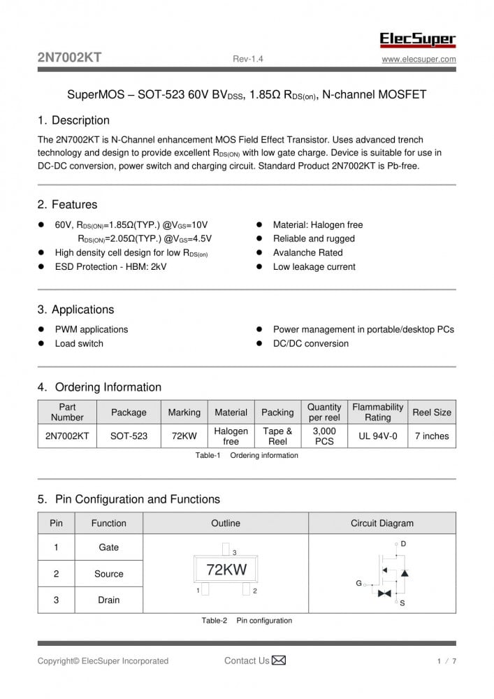 2N7002KT datasheet page 1