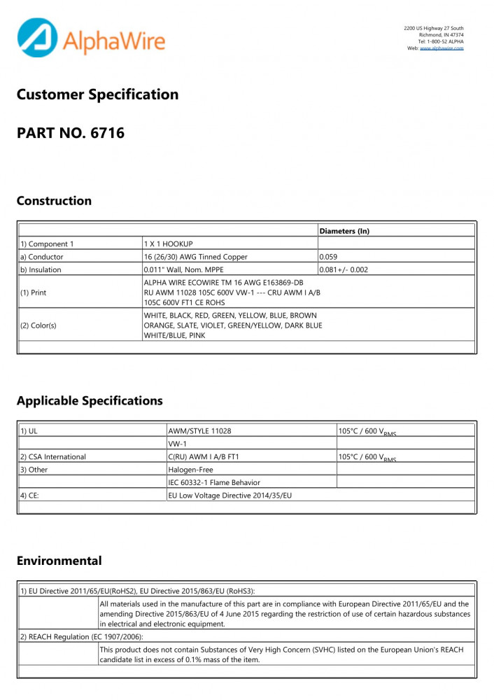 Alpha Wire 6716 specification page 1