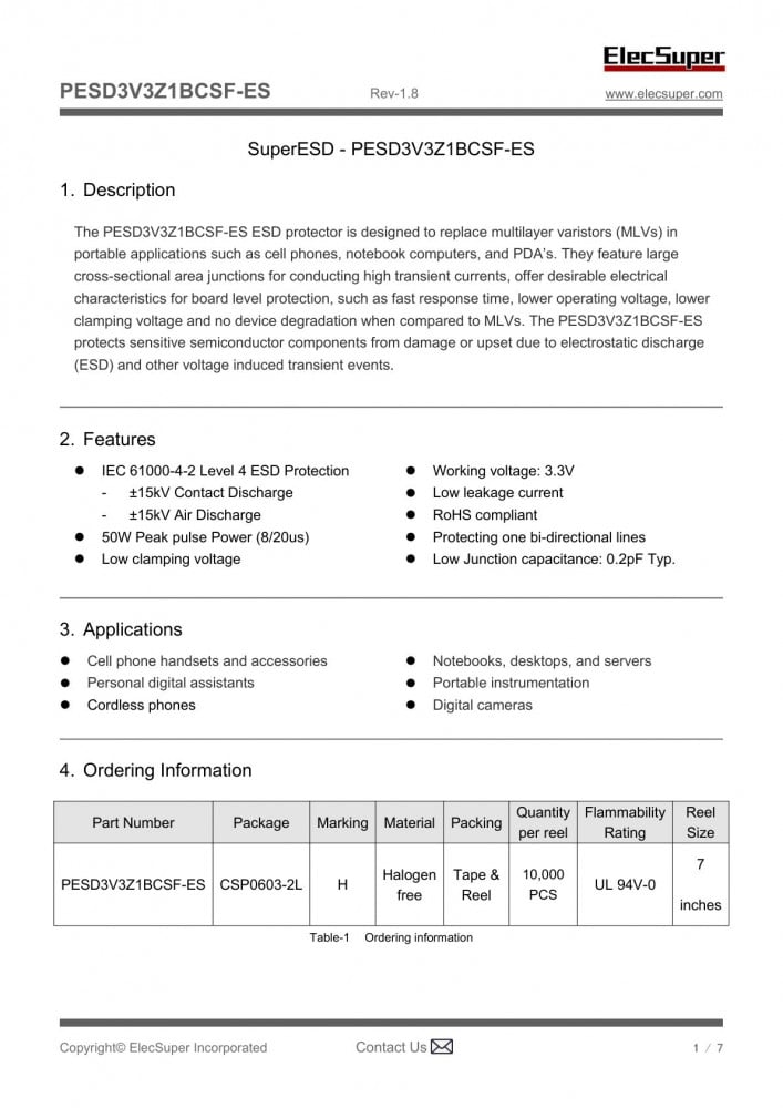 PESD3V3Z1BCSF-ES datasheet page 1
