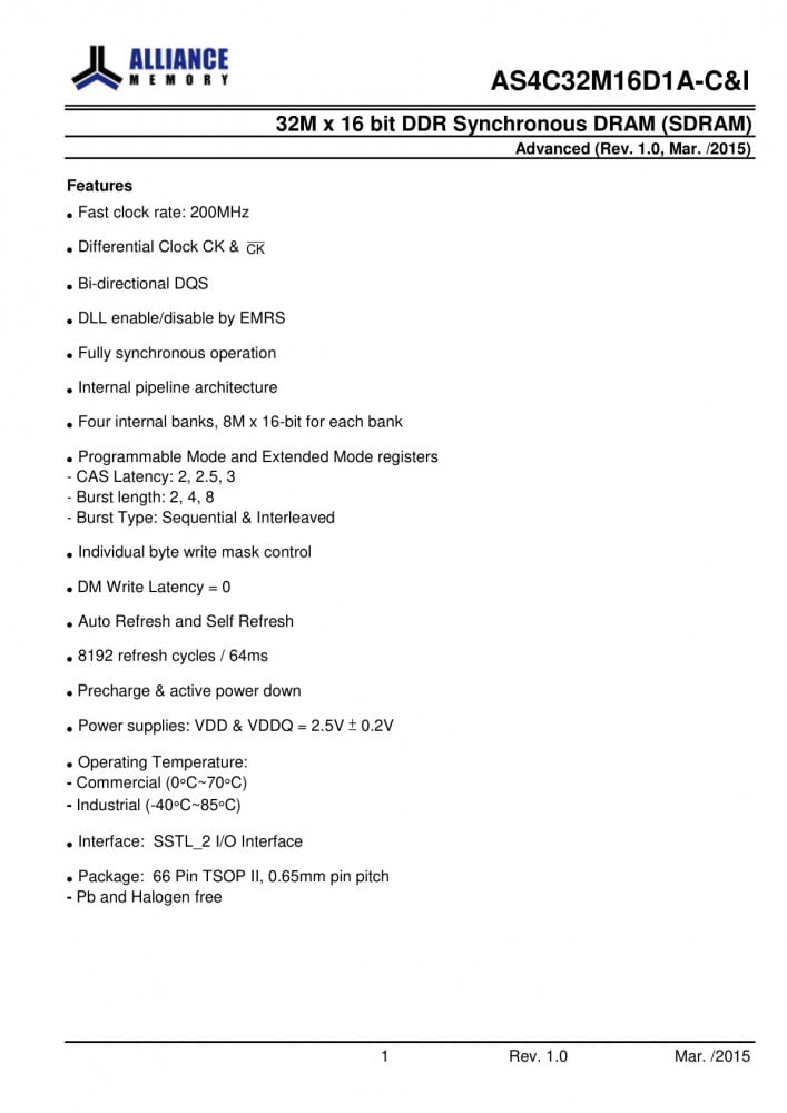 AS4C32M16D1A-5TIN datasheet page 2