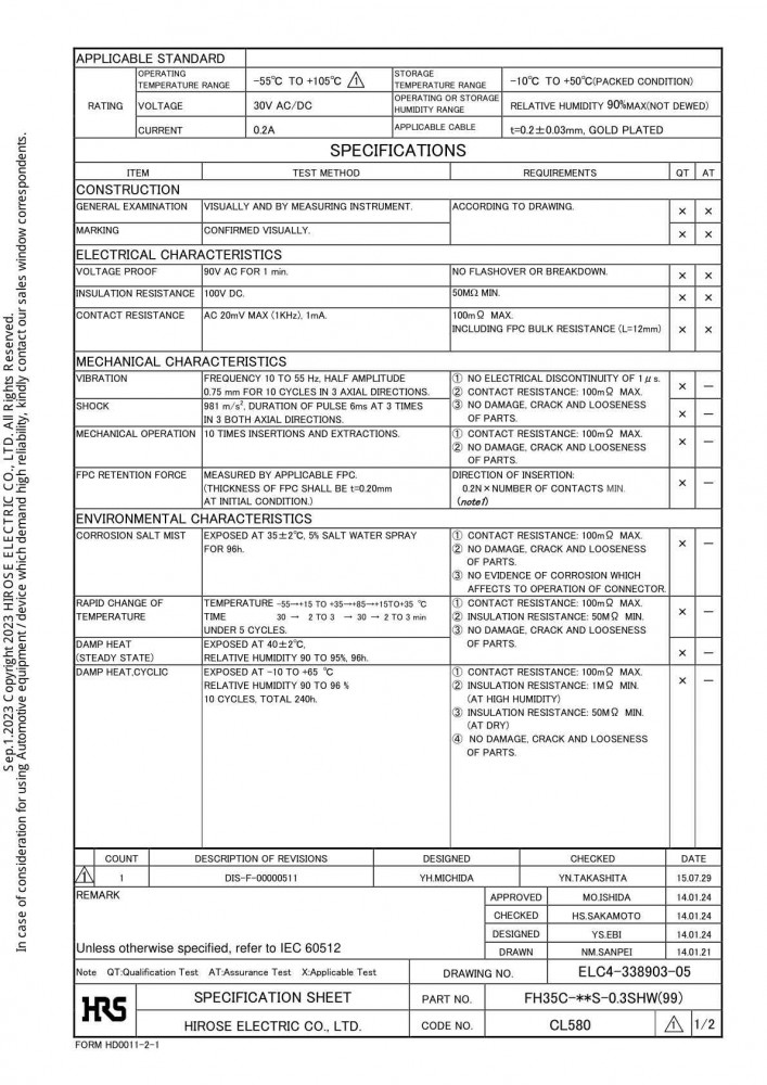 HRS FH35C-61S-0.3SHW(99) specification sheet page 1