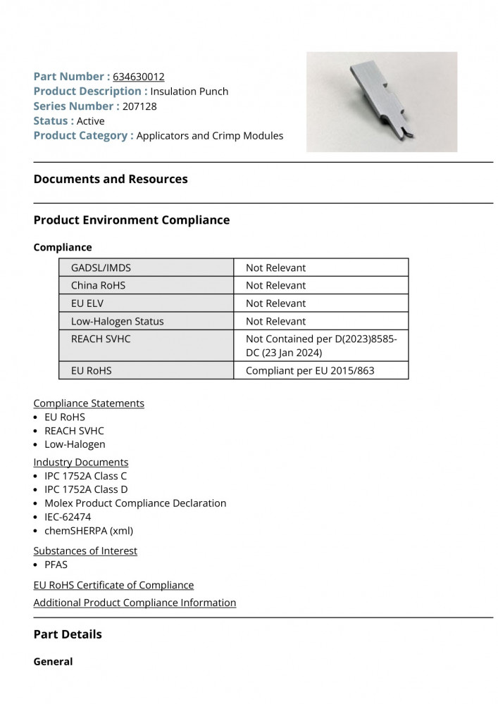 Technical document page 1 for Molex tooling model 634630012
