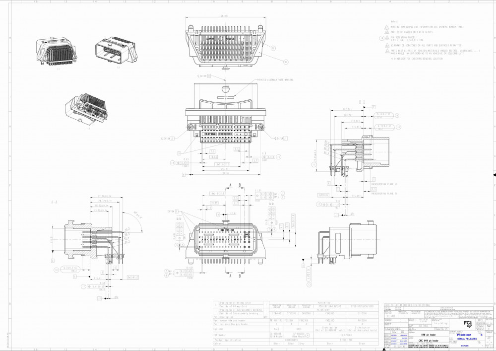 APTIV Delphi 33504510 64-way pin header technical drawing