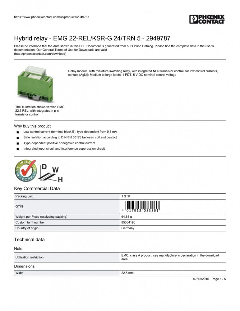 Phoenix Contact 2949787 technical document page 1