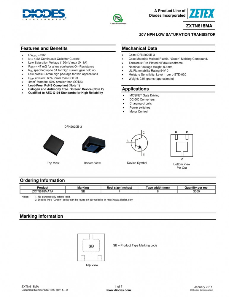 ZXTN618MATA datasheet page 1