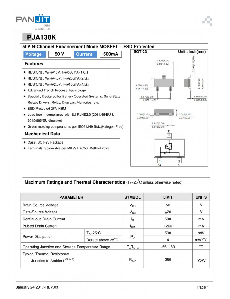 PJA138K datasheet page 1