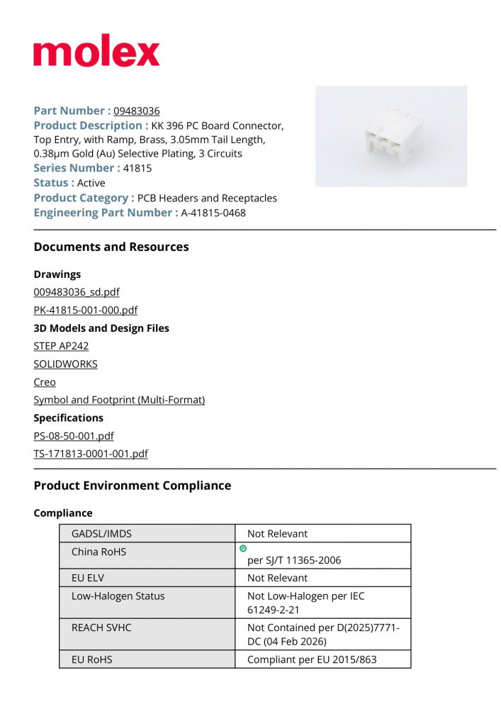Molex KK 396 specification document page 1