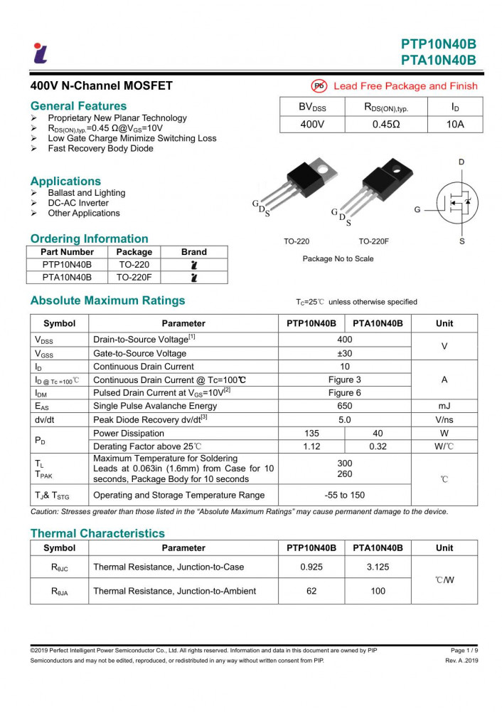 PTA10N40B datasheet page 1