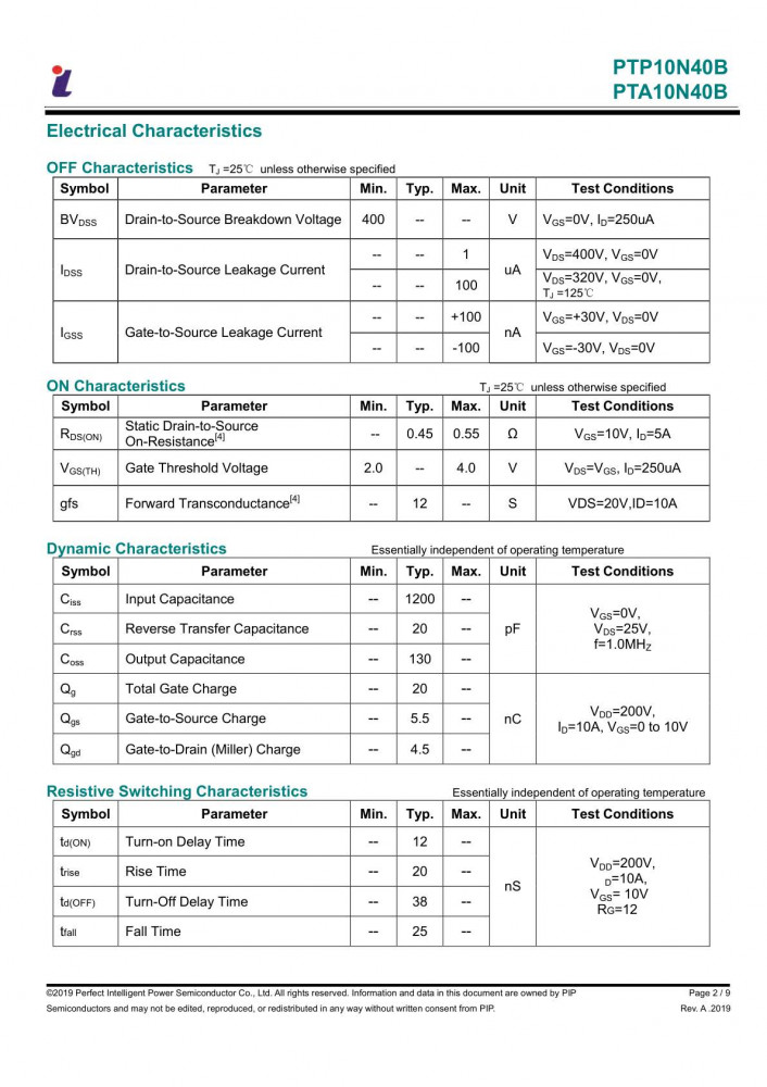 PTA10N40B datasheet page 2