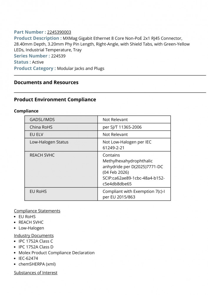 Technical document page 1 for MOLEX 2245390003