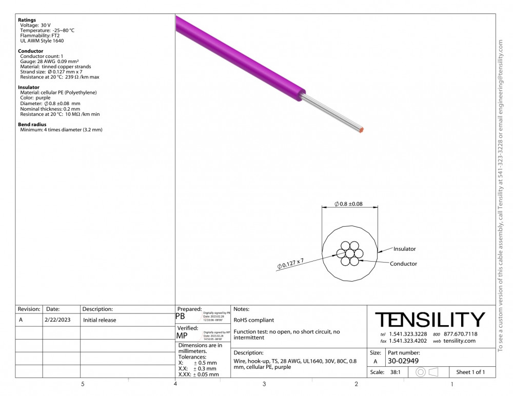 Tensility International 30-02949 wire drawing, specification notes, and revision information