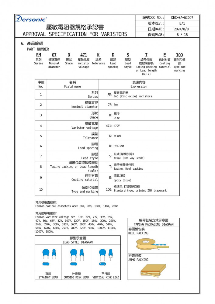 Dersonic varistor approval specification page 9