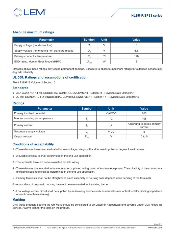 LEM HLSR 20-P/SP33 datasheet page 2