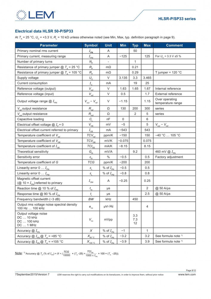 LEM HLSR 20-P/SP33 datasheet page 8