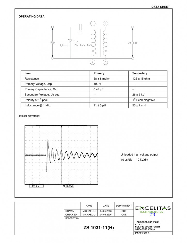 ZS1031-11(H) datasheet page 2: operating data and typical waveform