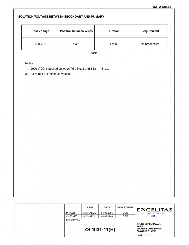 ZS1031-11(H) datasheet page 3: isolation voltage test