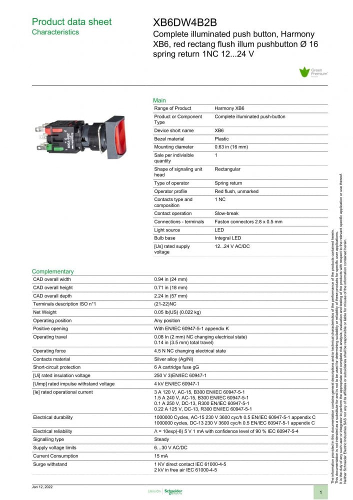 XB6DW4B2B technical document page 1