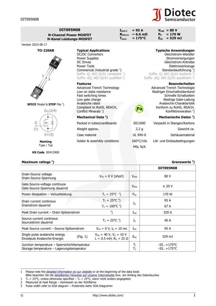 DIT095N08 datasheet page 1
