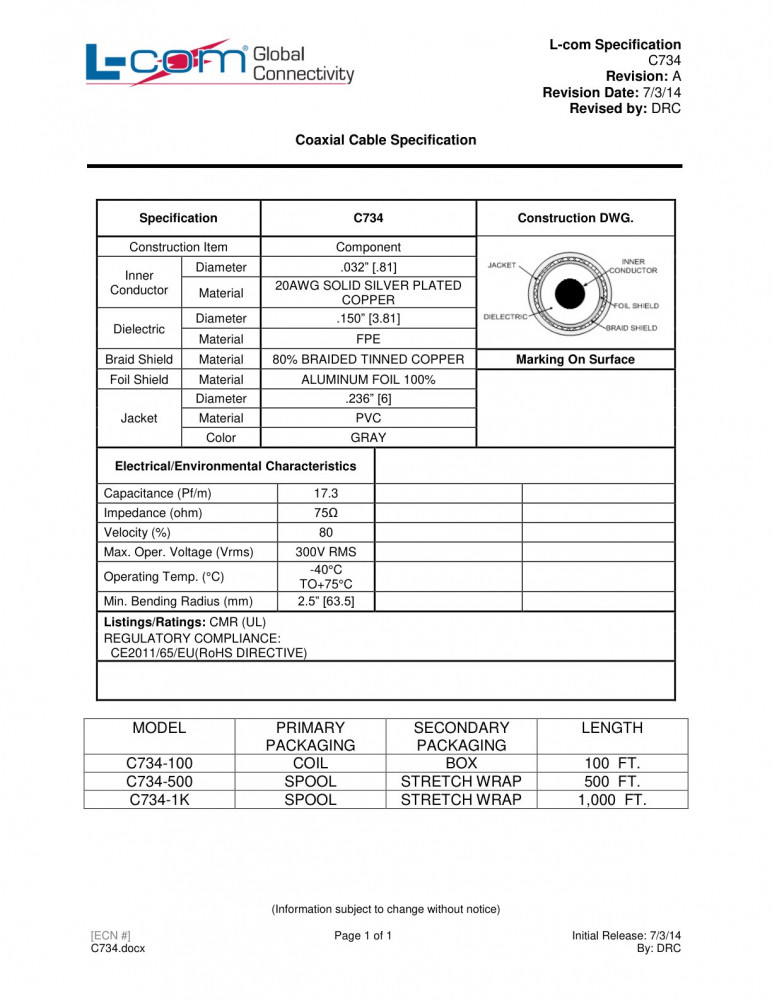 L-com C734 coaxial cable technical document