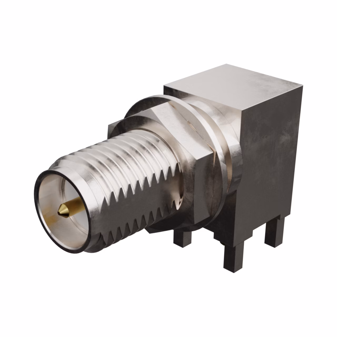 SMA Jack, Reverse Polarity, Right-Angle, Bulkhead Receptacle, PCB, Through Hole, Brass Body, Nickel (Ni) Plated, Jam Nut and Lockwasher, 2.79mm Leg Length, 50 Ohms for sale