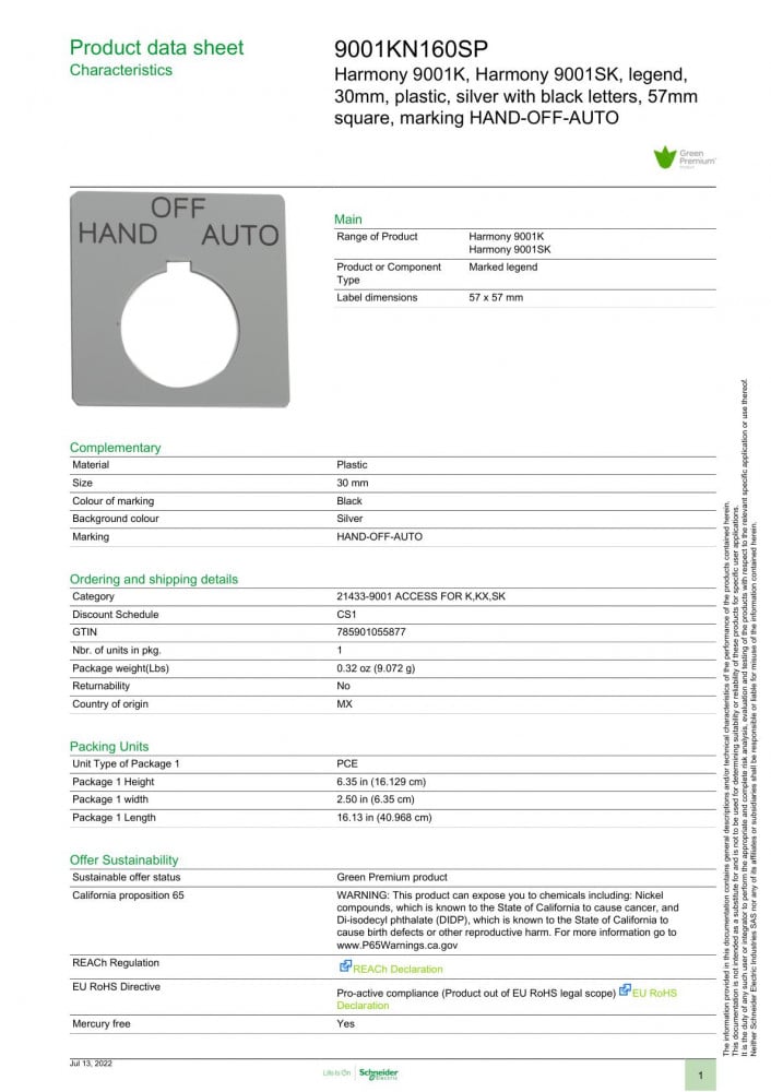 9001KN160SP technical document page 1