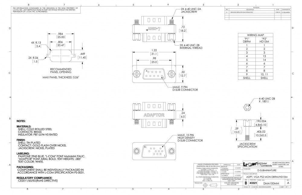 L-com DMA100MM technical drawing and wiring map