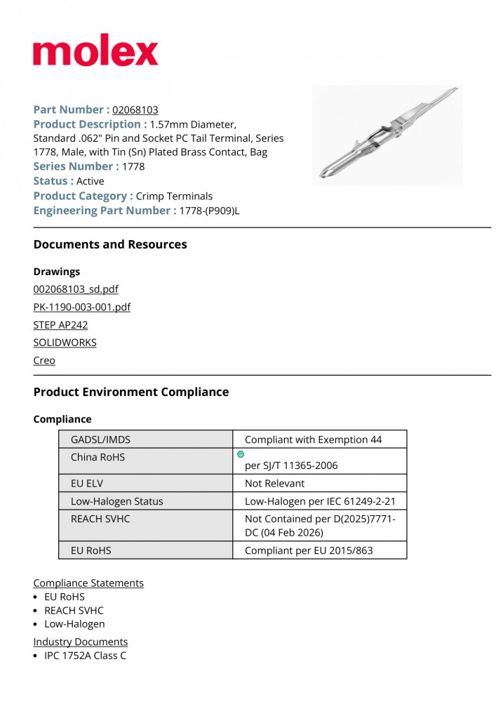 MOLEX 02068103 product document preview, page 1