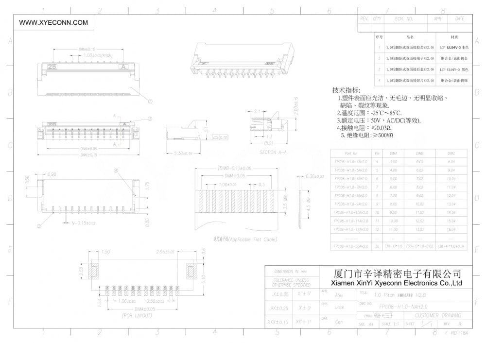 XYECONN FPC08-H1.0-20AH2.0 technical drawing
