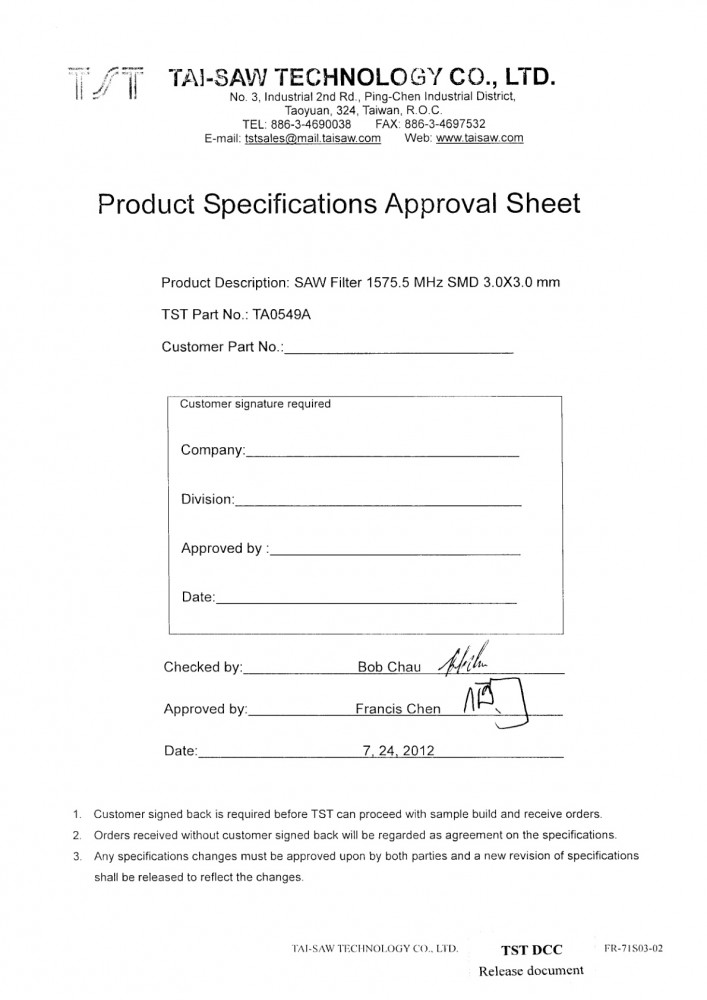 TA0549A datasheet page 1