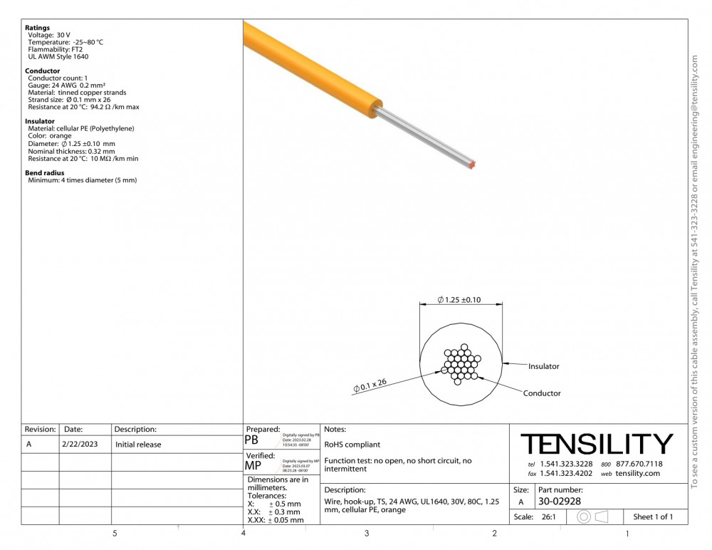 Technical drawing for Tensility International 30-02928 hook-up wire