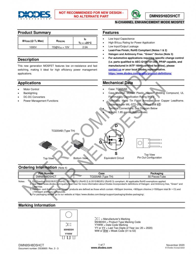 DMN95H8D5HCT datasheet page 1