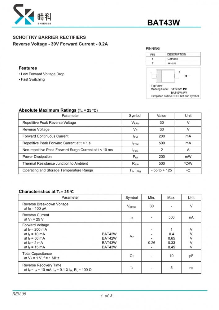 BAT43W datasheet page 1