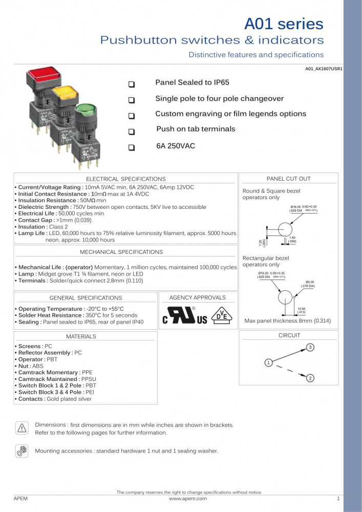 APEM A01 series datasheet page 1