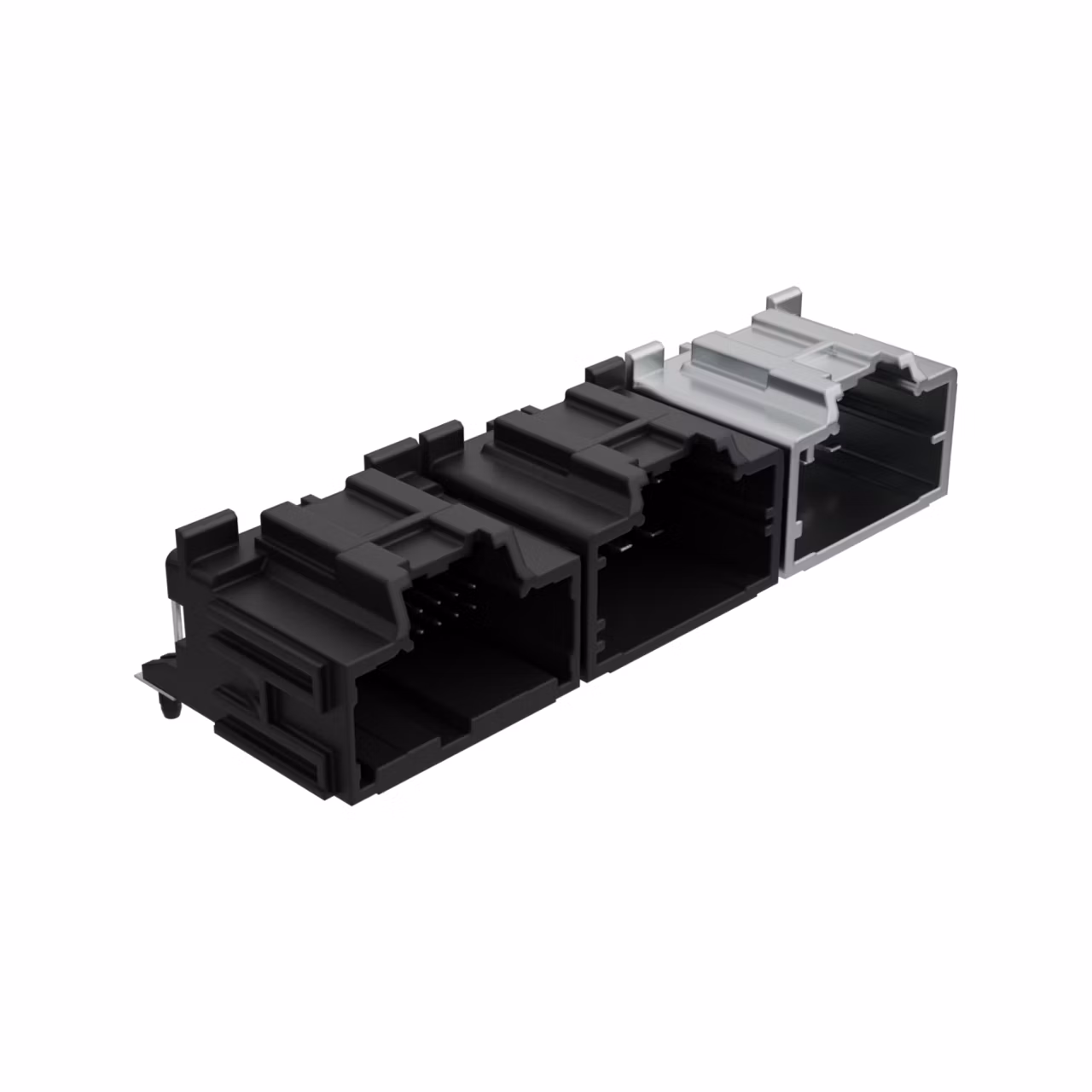 Stac64 3 Bay Right-Angle Headers, 40 Circuits, Bay A 20 Circuit Signal Header, Polarization A, Black; Bay B 10 Circuit Signal Header, Polarization A, Black; Bay C 10 Circuit Signal Header, Polarization B, Gray; Tray for sale