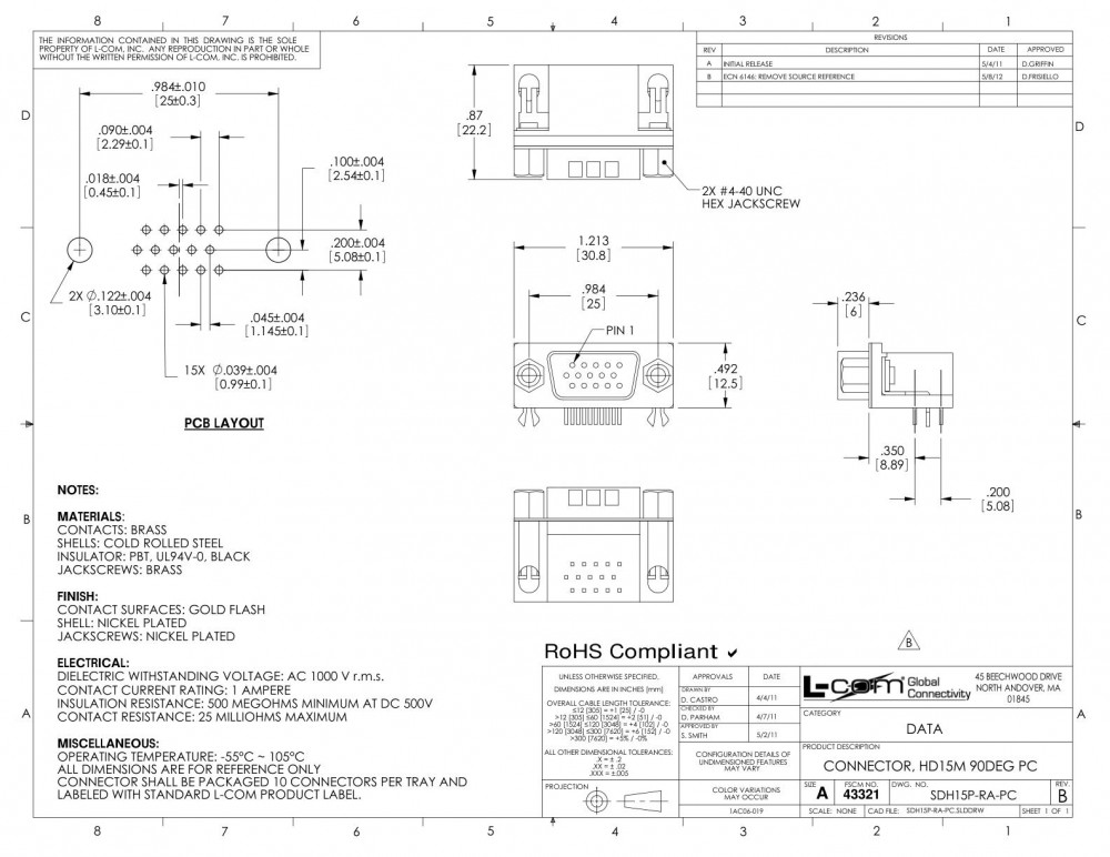 L-com SDH15P-RA-PC technical drawing