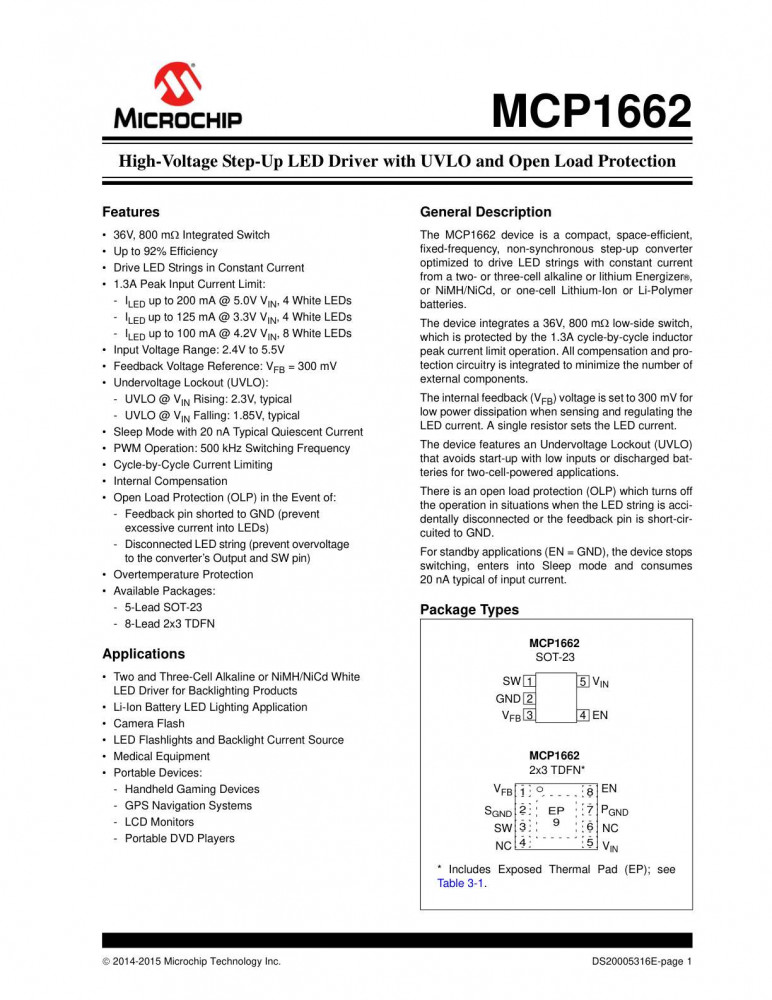 MCP1662 technical document page 1