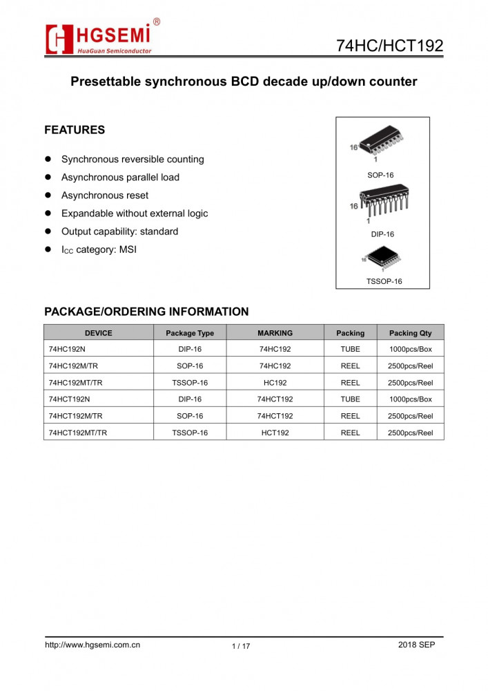 74HC192M/TR datasheet page 1